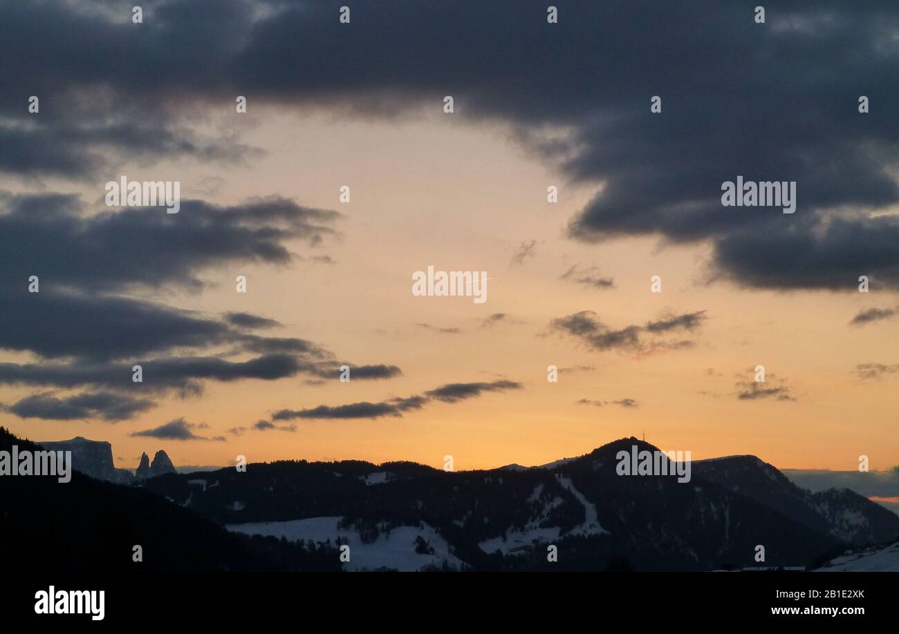 Sunset in the dolomite Alps, from Selva Gardena down to Val Gardena ...