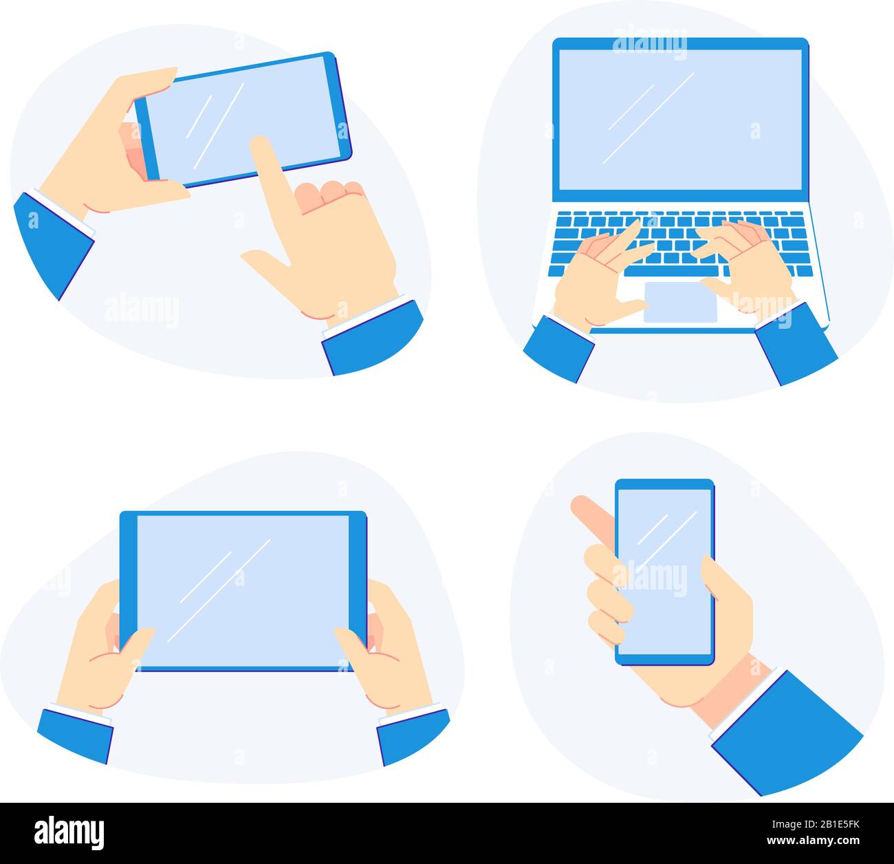 Holding devices in hand. Smartphone in hands, hold laptop computer and ...