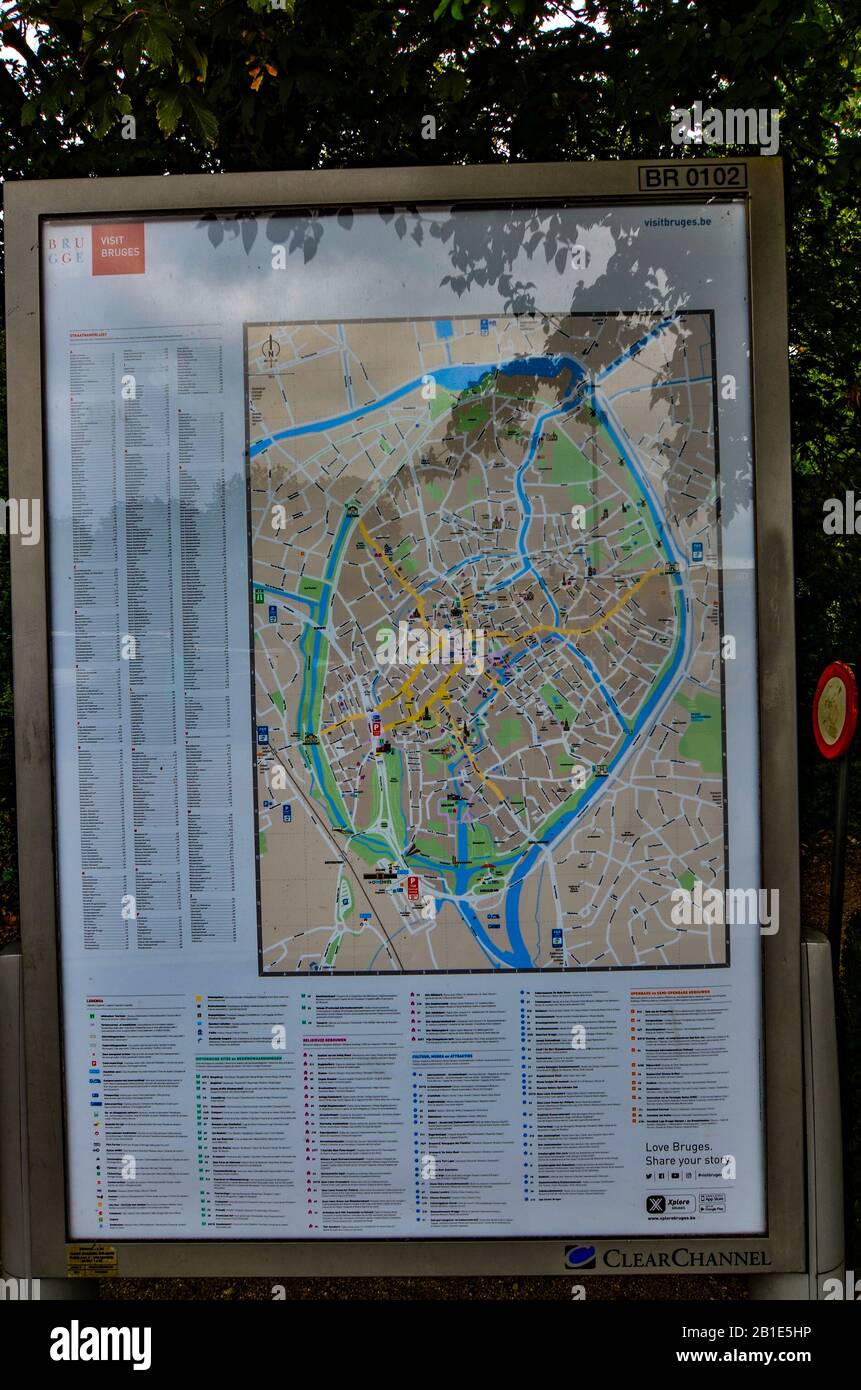 Bruges, flanders belgium. August 2019. Tourist map of the historic ...
