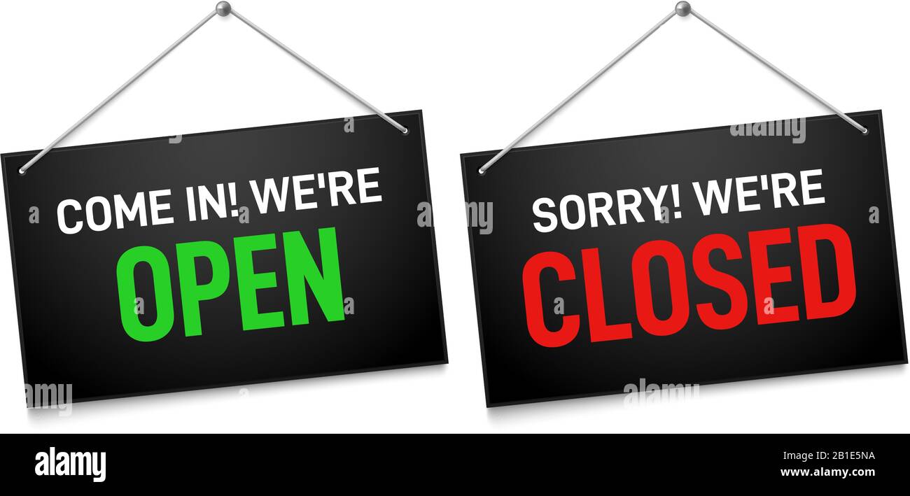 Black open and closed sign. Dark shop door signboards, come in and ...