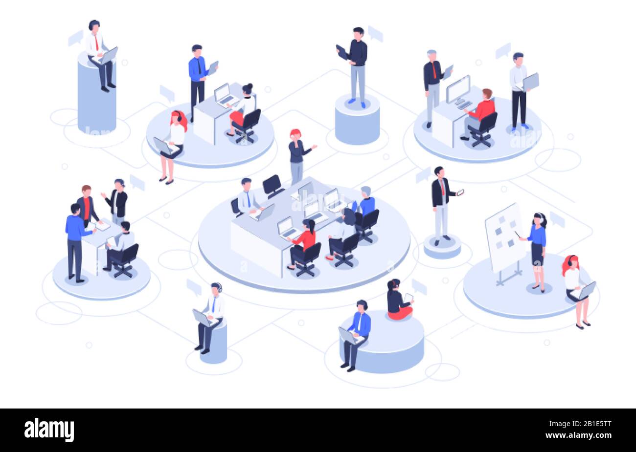 Isometric virtual office. Business people working together, technology ...