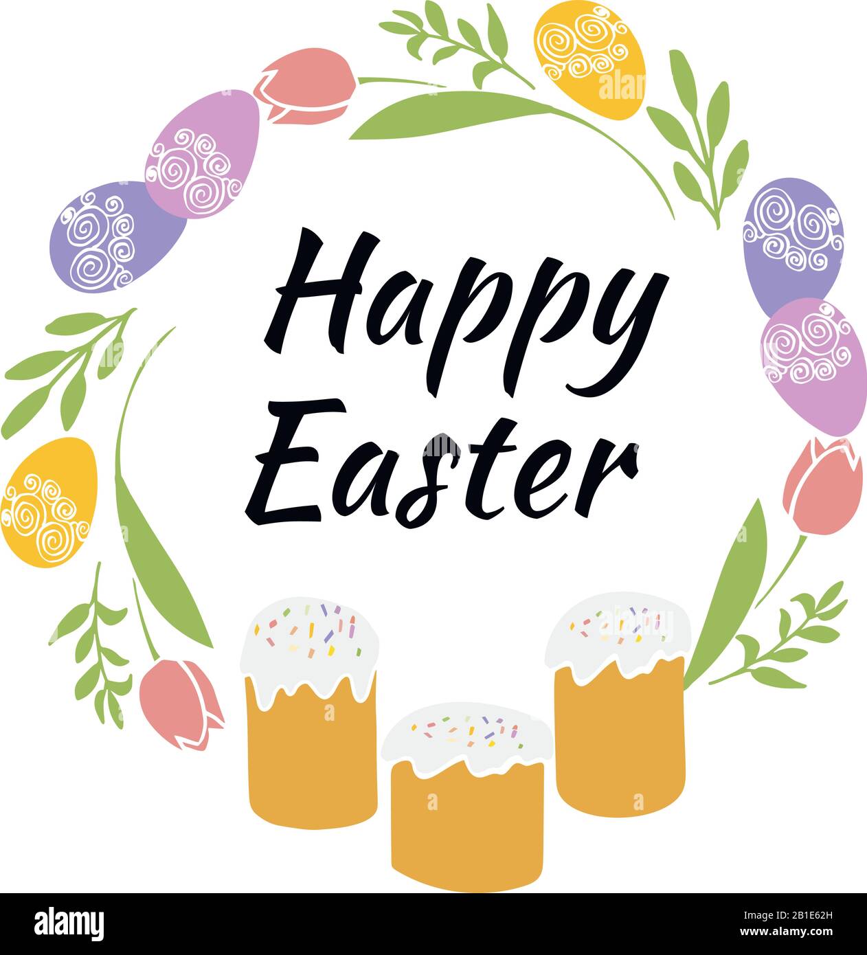Vector illustration Easter wreath with traditional symbols collection ...