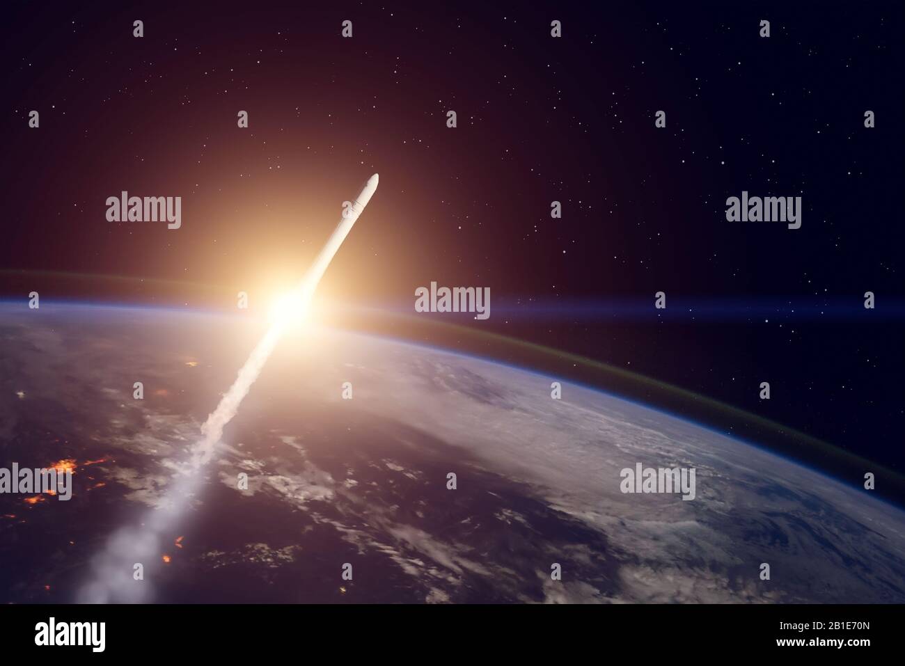 Planet earth with flying rocket among stars in universe. .Elements of ...