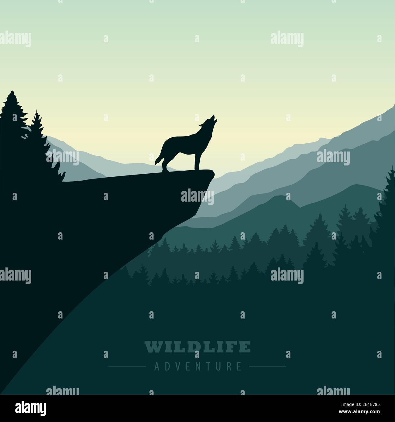 wolf on a cliff howls green nature landscape vector illustration EPS10 ...