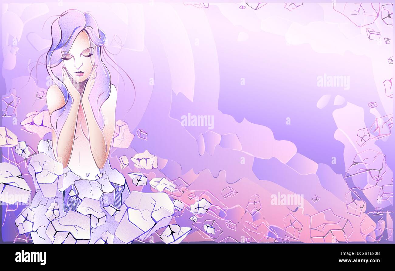 A slender girl emerges from ice statue of a fat woman. The concept of ...