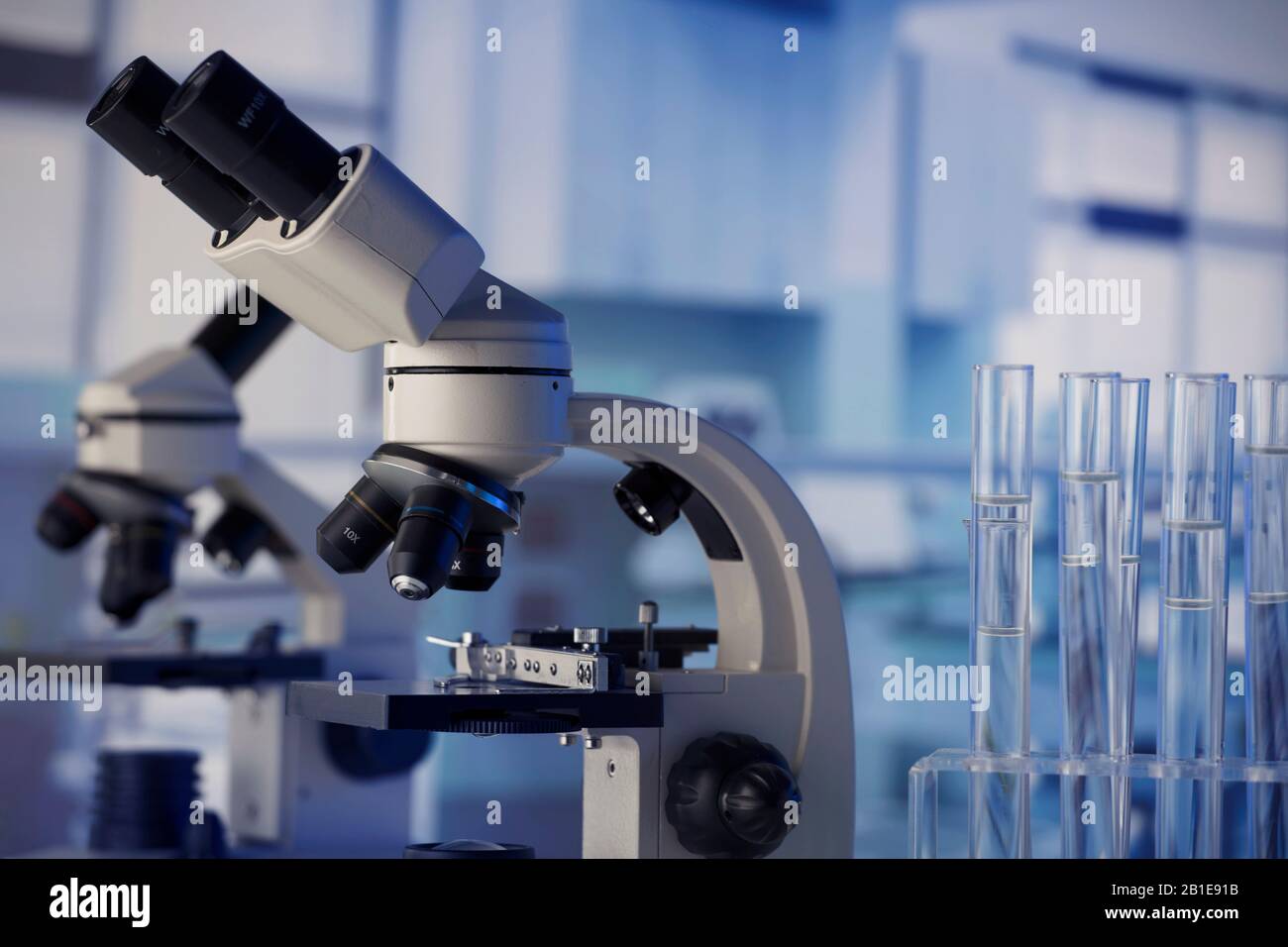 Science laboratory. Beakers, test-tubes and microscope on glass table ...