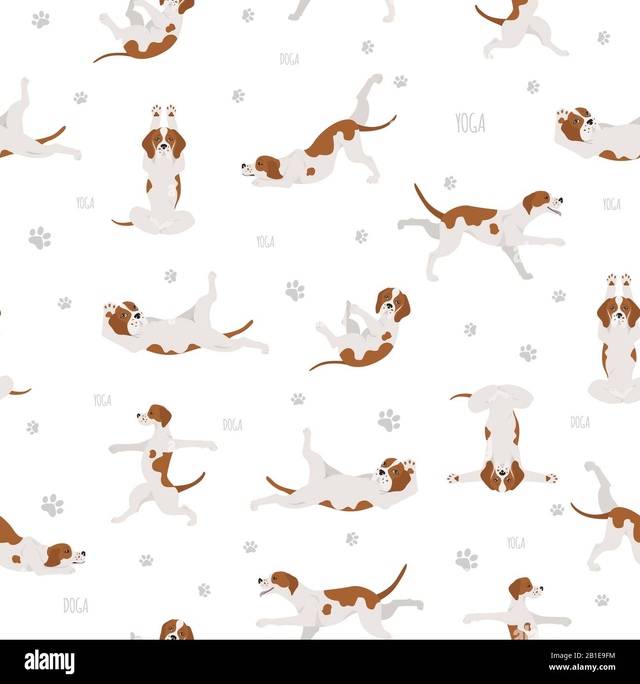 Yoga dogs poses and exercises seamless pattern design. English pointer ...