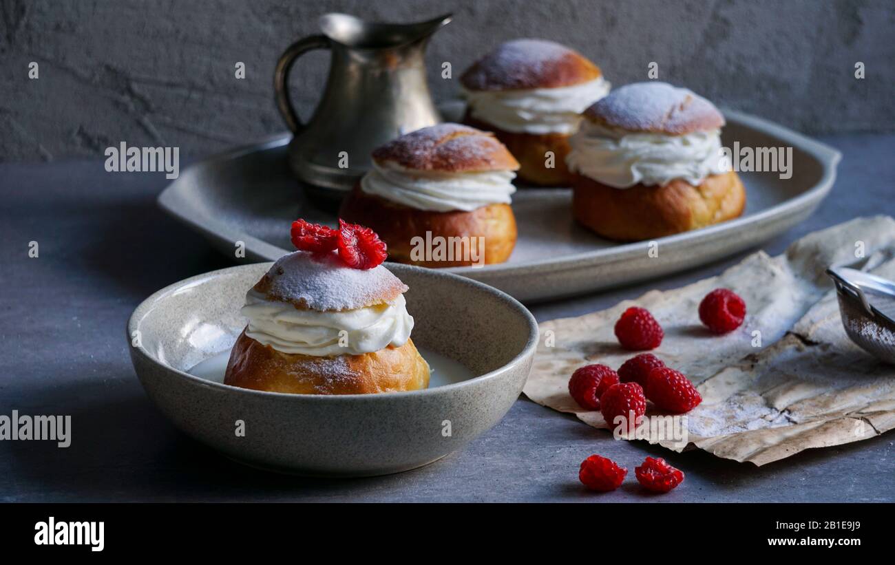 Semla or semlor, vastlakukkel, laskiaispulla is a traditional sweet ...