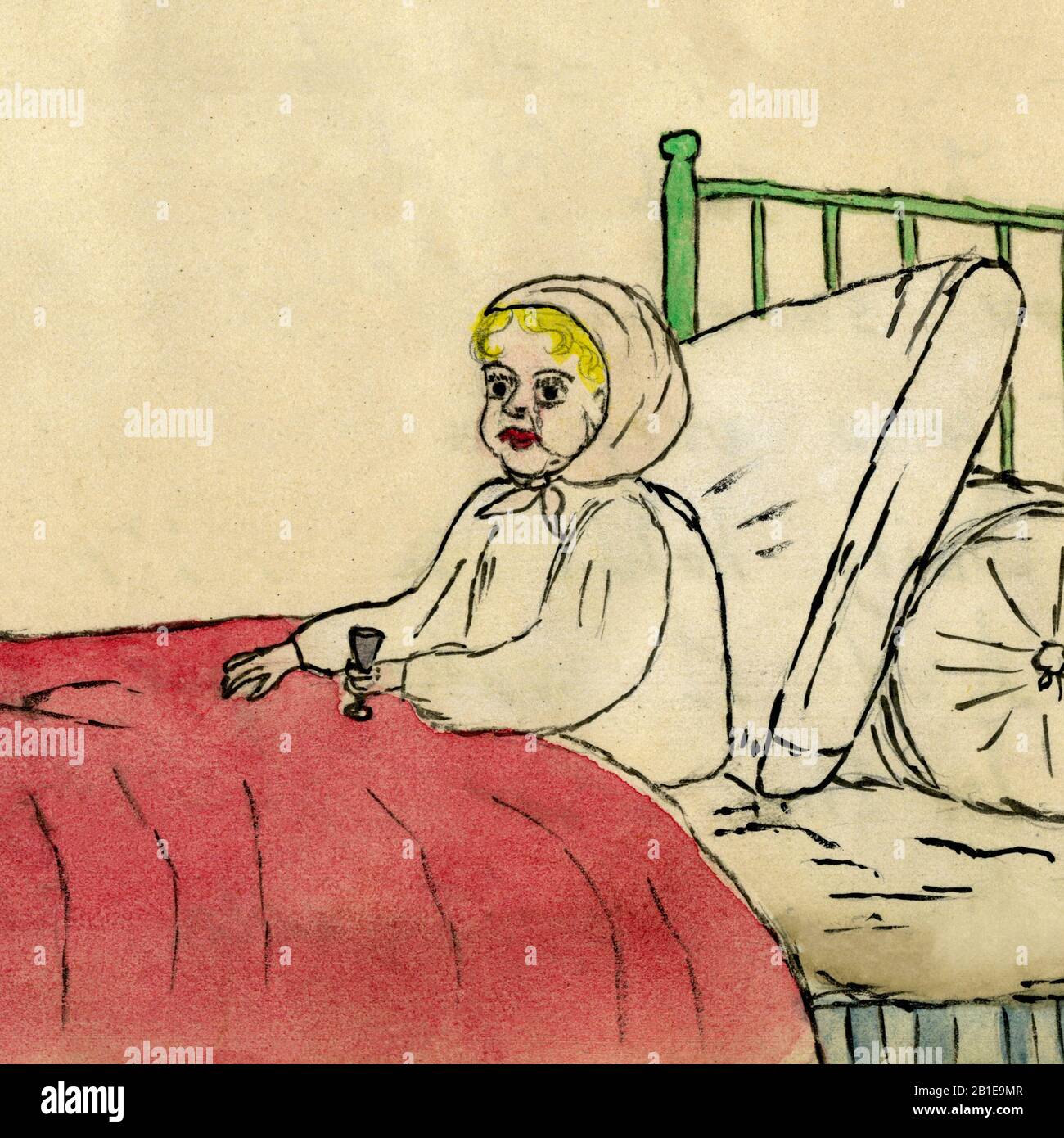 Sick girl sitting up in bed, holding a medicine cup or glass ...