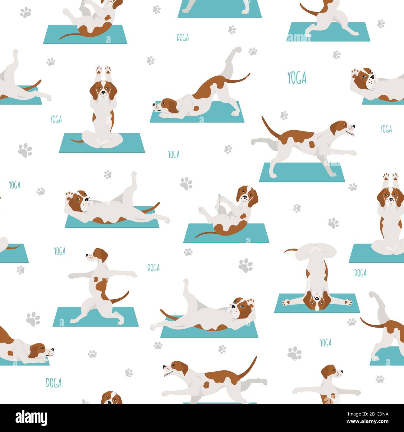 Yoga dogs poses and exercises seamless pattern design. English pointer ...