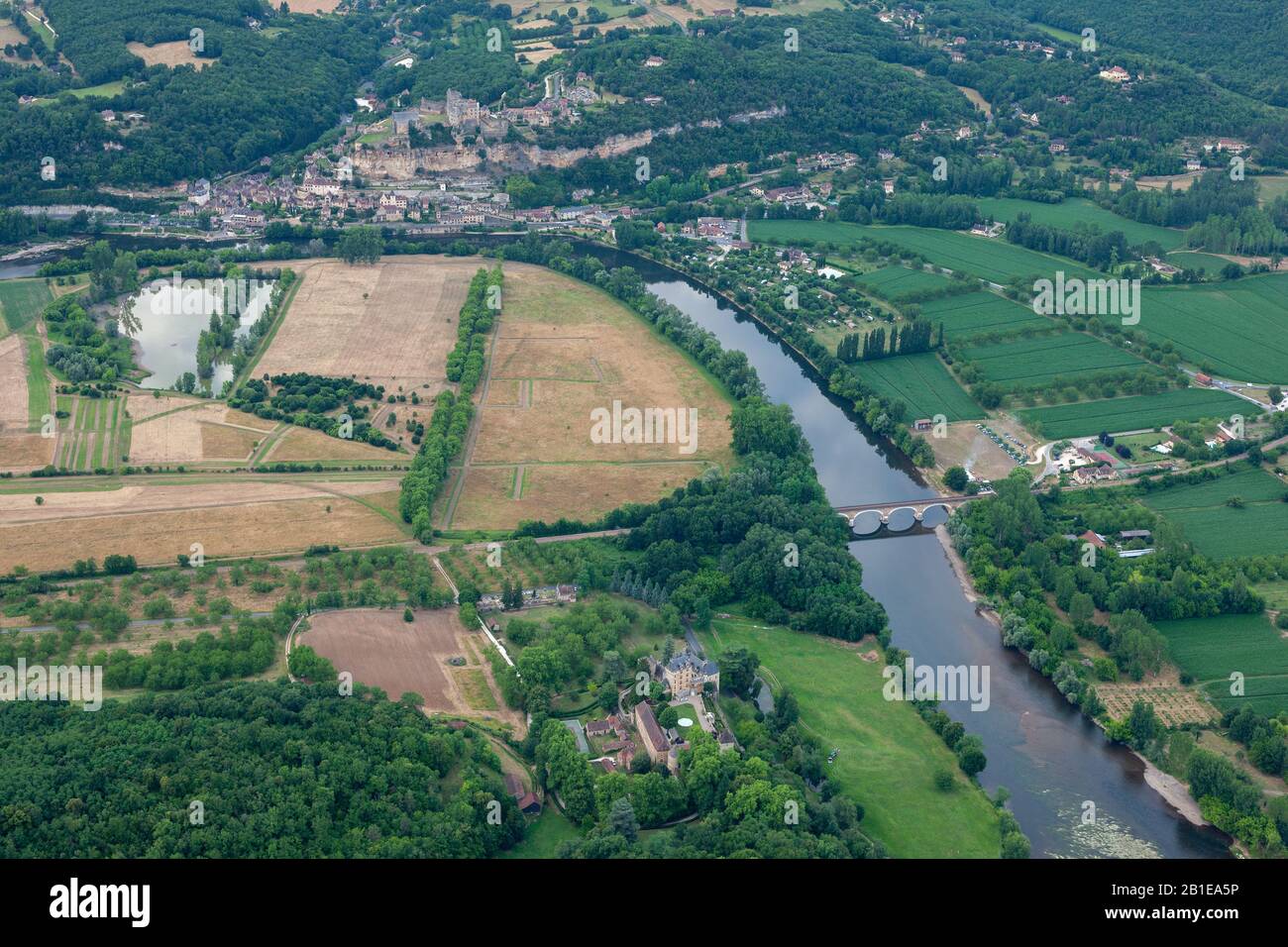 Arial view of Chateau Fayrac and Chateau Beynac taken from a hot air ...