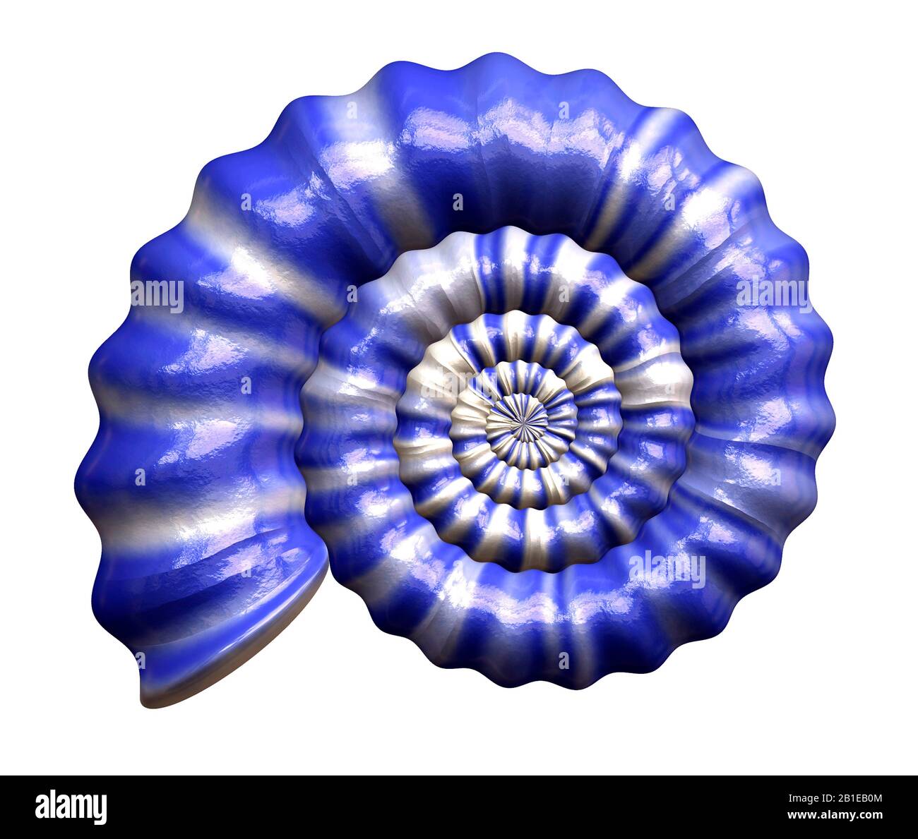 3D computer graphic, blue white colored ammonite (fossilised snail ...