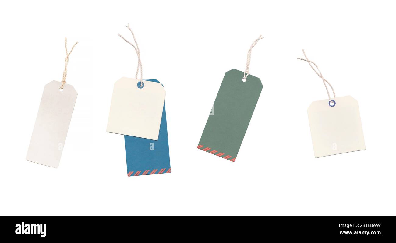 3D computer graphic, empty price tags in different colors against white ...