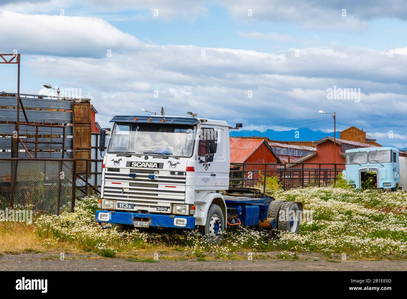 Disused lorry cabs parked in a flowery field in Puerto Bories, a small ...