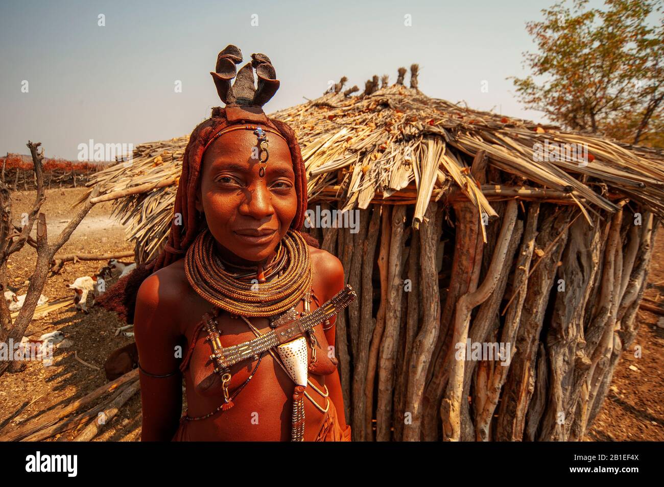 Himba woman with traditional clothes near his primitive hut at his ...
