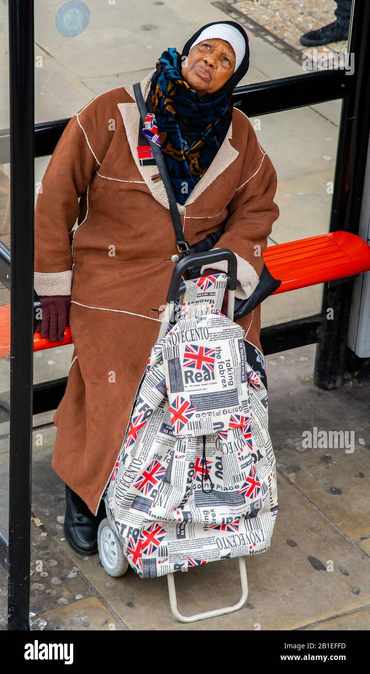 A lady in a bus stop checking routes Stock Photo - Alamy