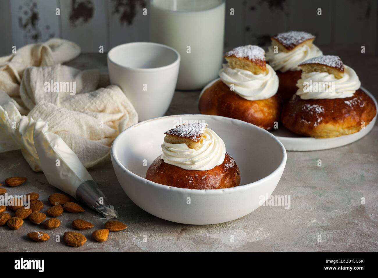 Semla or semlor, vastlakukkel, laskiaispulla is a traditional sweet ...