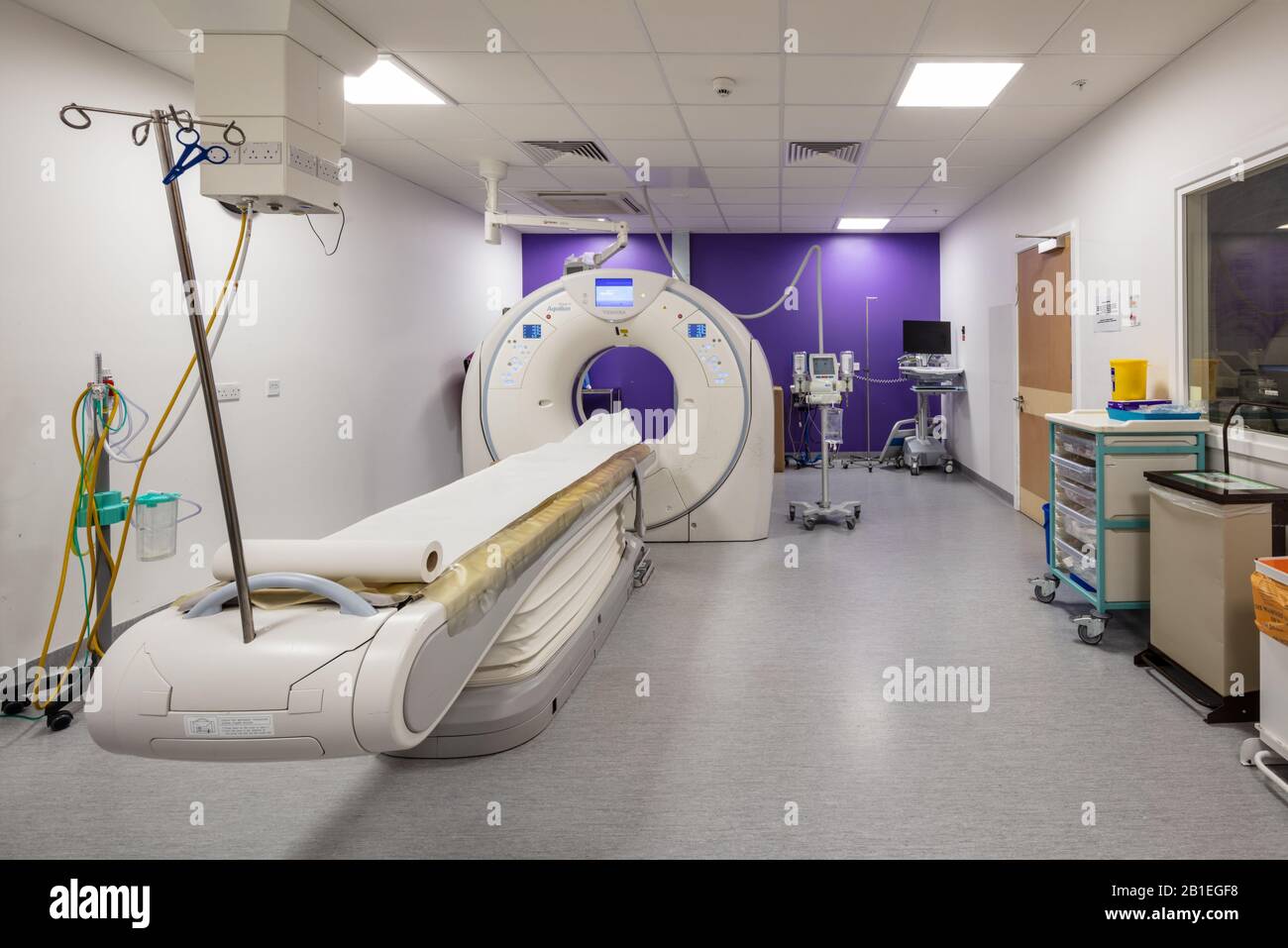 University College London Hospital interior. CT scanner treatment room ...