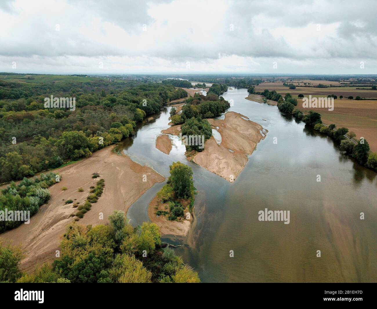 Aerial landscape of the Loire, its islands and sandbanks downstream of ...