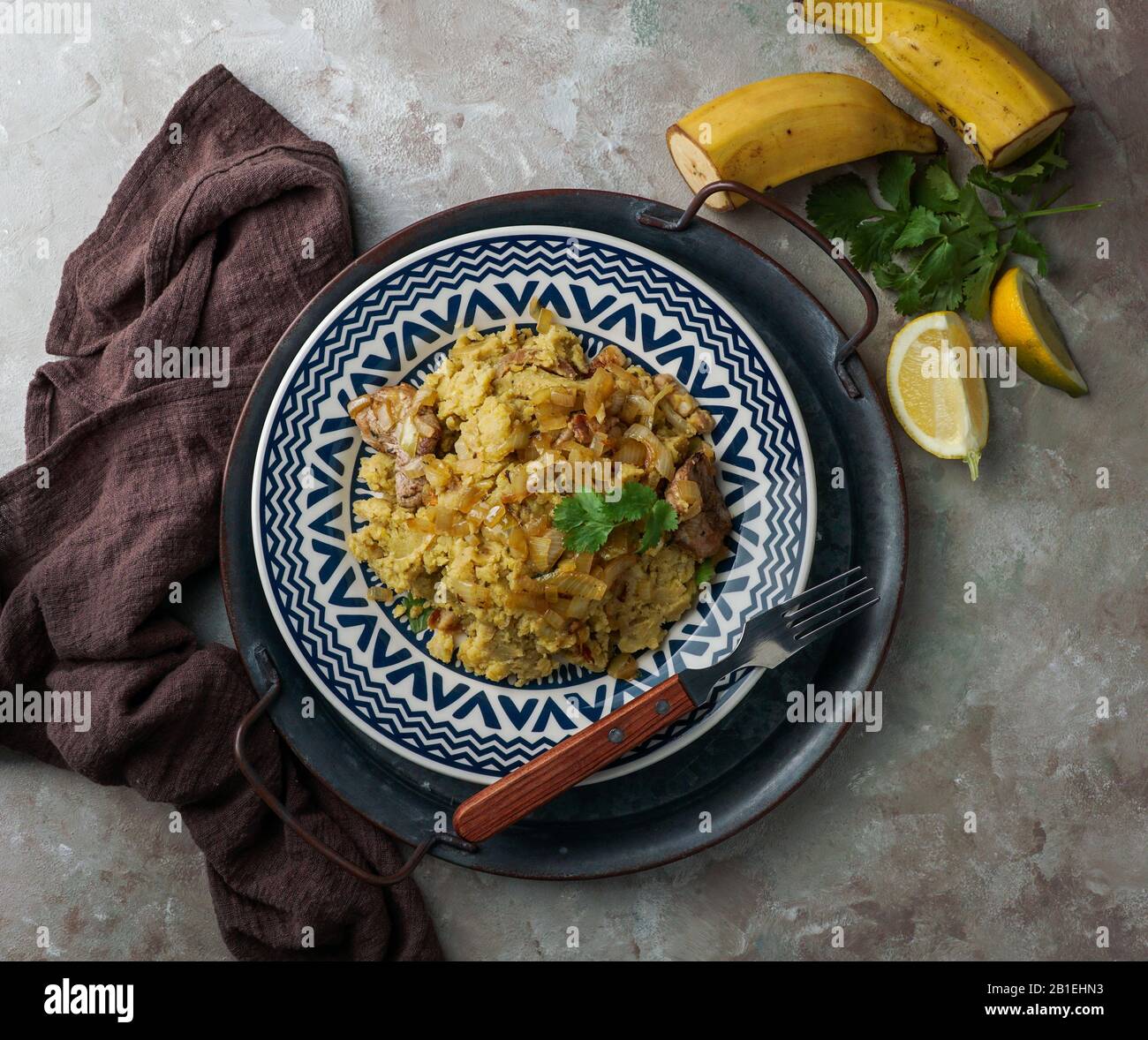 Mofongo, mashed boiled plantains with porc meat, onion. Puerto Rico ...