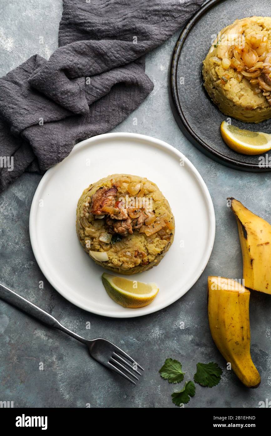 Mofongo, mashed boiled plantains with porc meat, onion. Puerto Rico ...