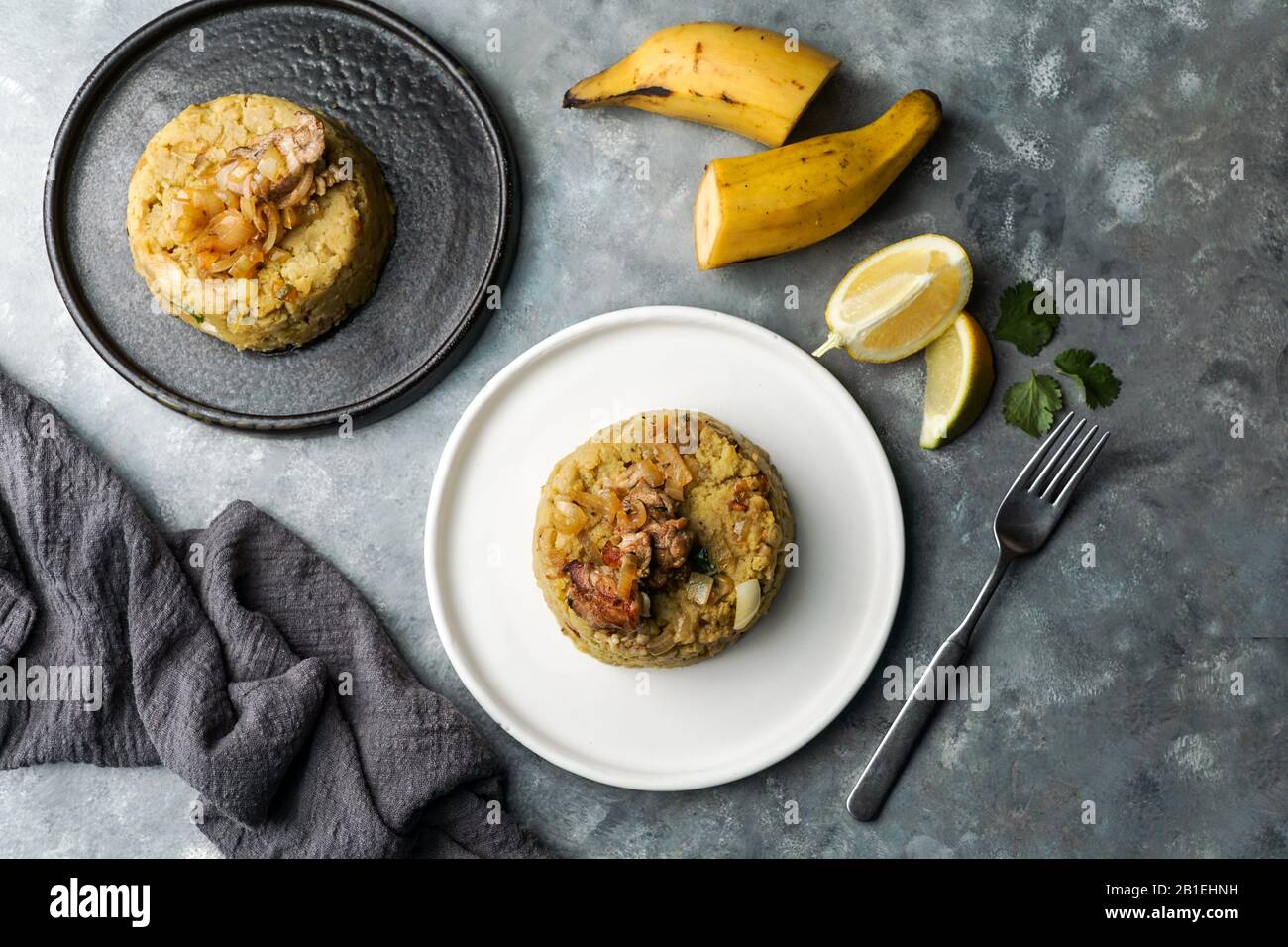Mofongo, mashed boiled plantains with porc meat, onion. Puerto Rico ...