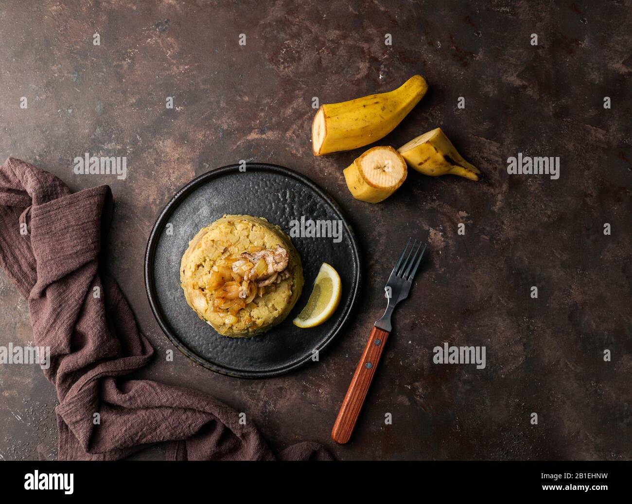 Mofongo, mashed boiled plantains with porc meat, onion. Puerto Rico ...