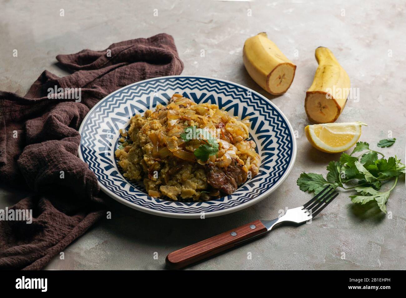 Mofongo, mashed boiled plantains with porc meat, onion. Puerto Rico ...