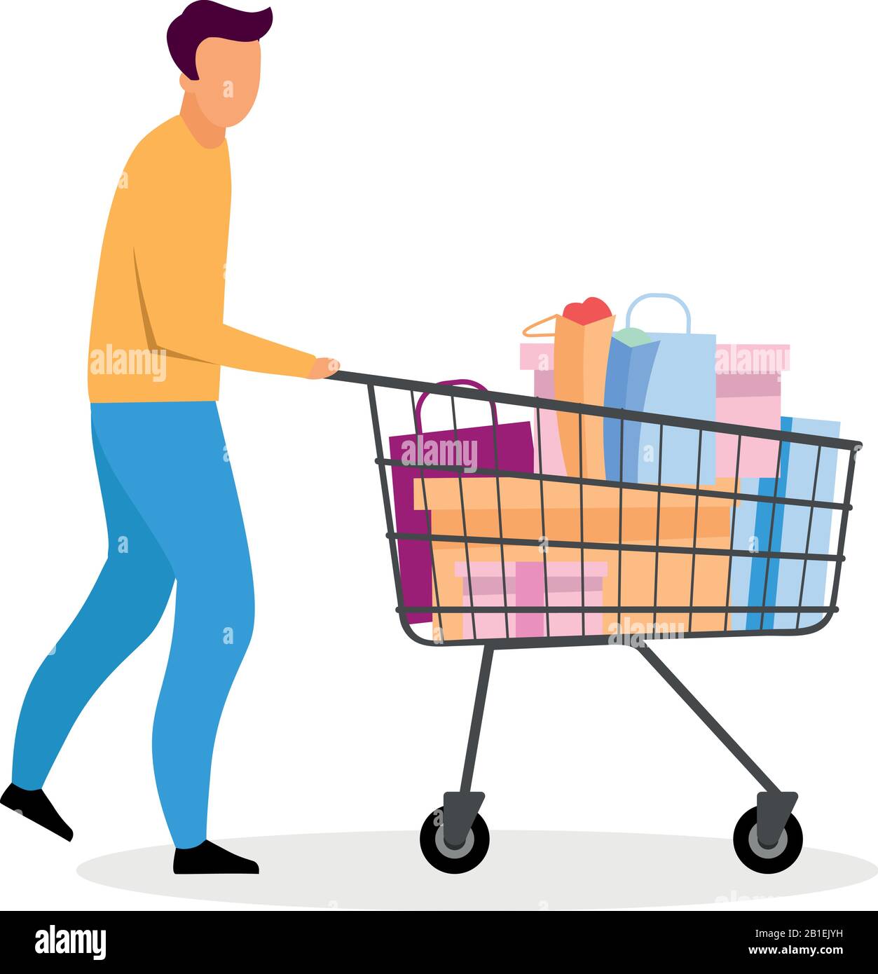 Man with shopping cart flat vector illustration. Cartoon boy buying ...