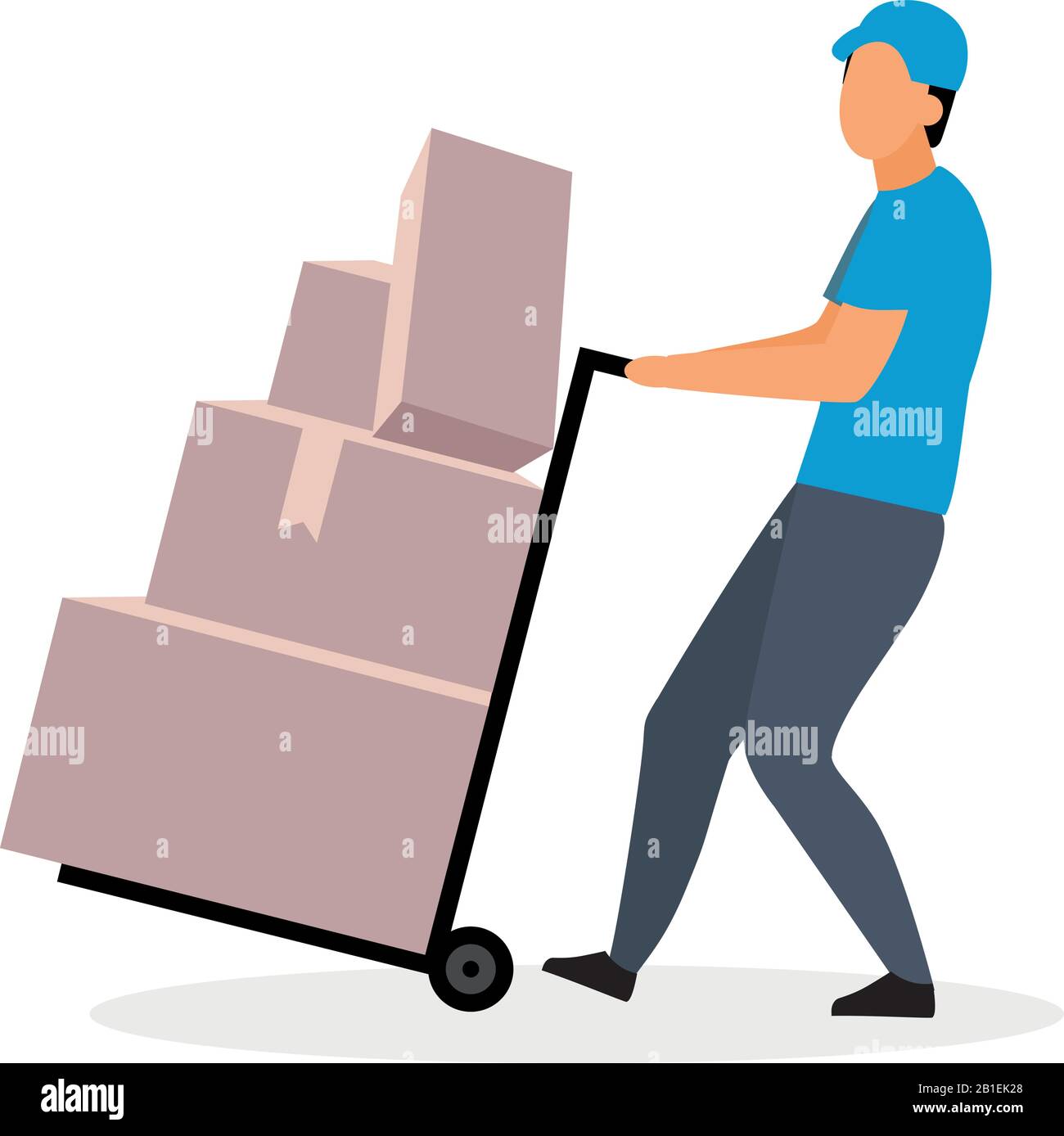 Loader man moving dolly cart flat vector illustration. Warehouse worker ...
