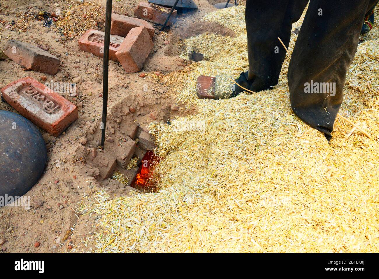 Brick factory where families are making bricks with clay before drying ...