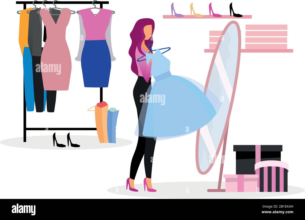 Choosing clothes in wardrobe flat illustration. Shopper buying new ...