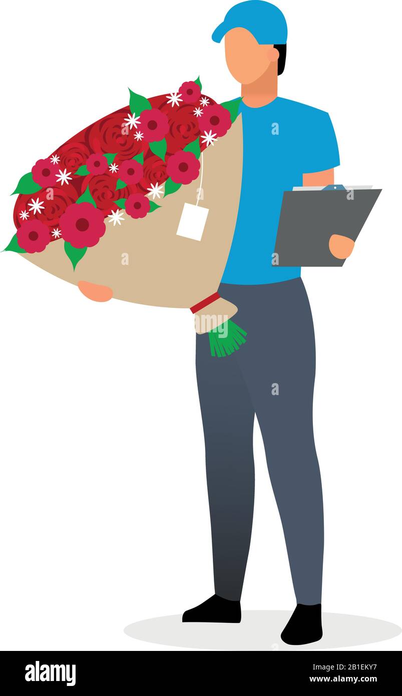 Flowers delivery service flat vector illustration. Deliveryman, courier ...