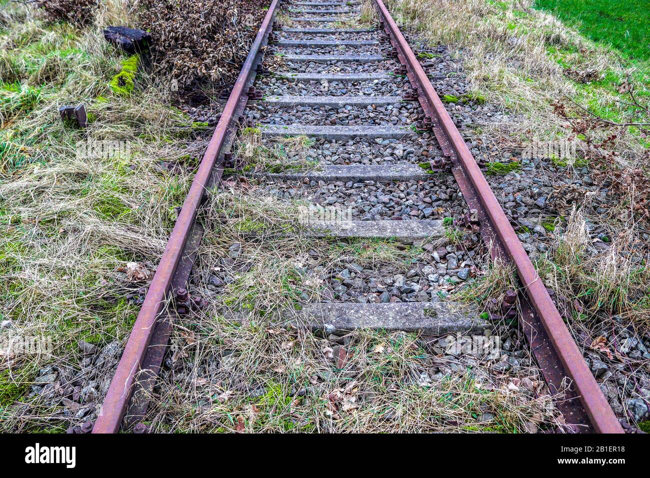 Old and abandoned railroad tracks in a nothern european environment ...