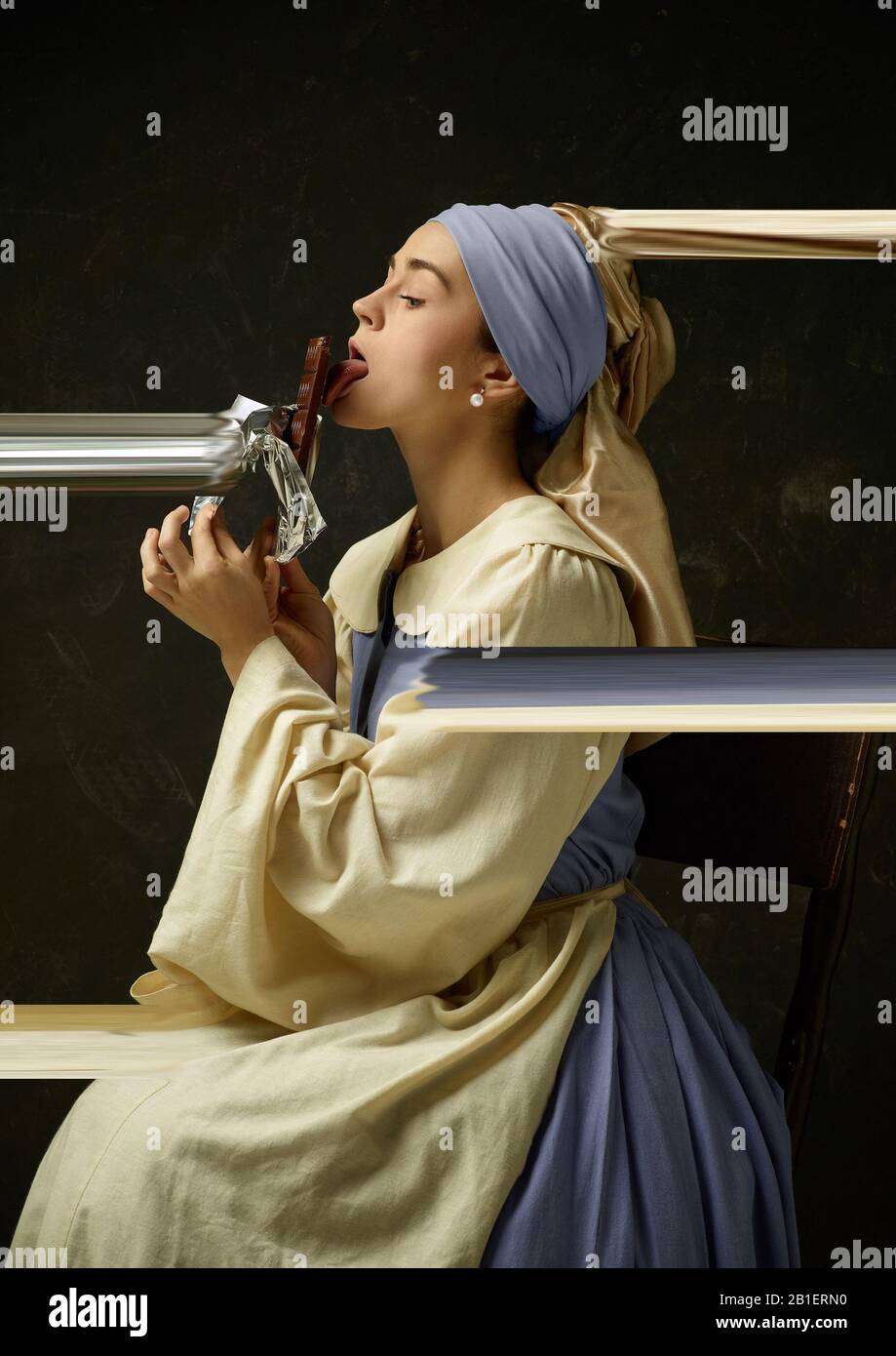 Medieval young woman as a medieval lady with a pearl earring on dark ...