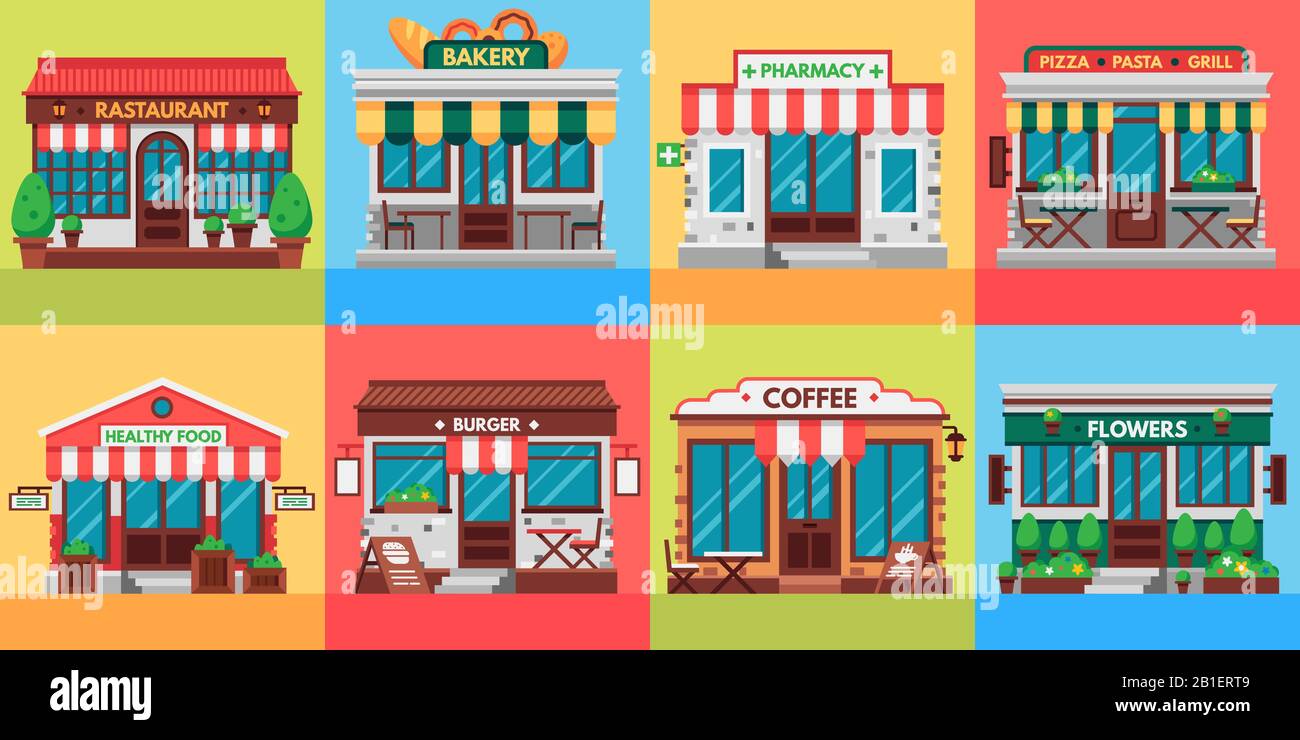 Restaurants and shops facades. Old shop building, market store and ...