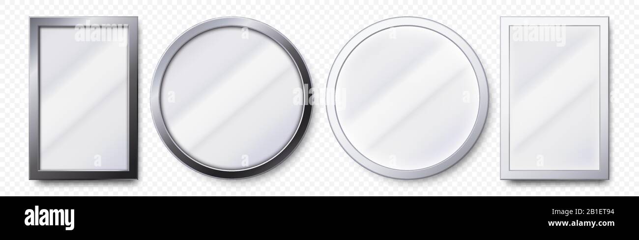 Realistic mirrors. Metal round and rectangular mirror frame, white ...