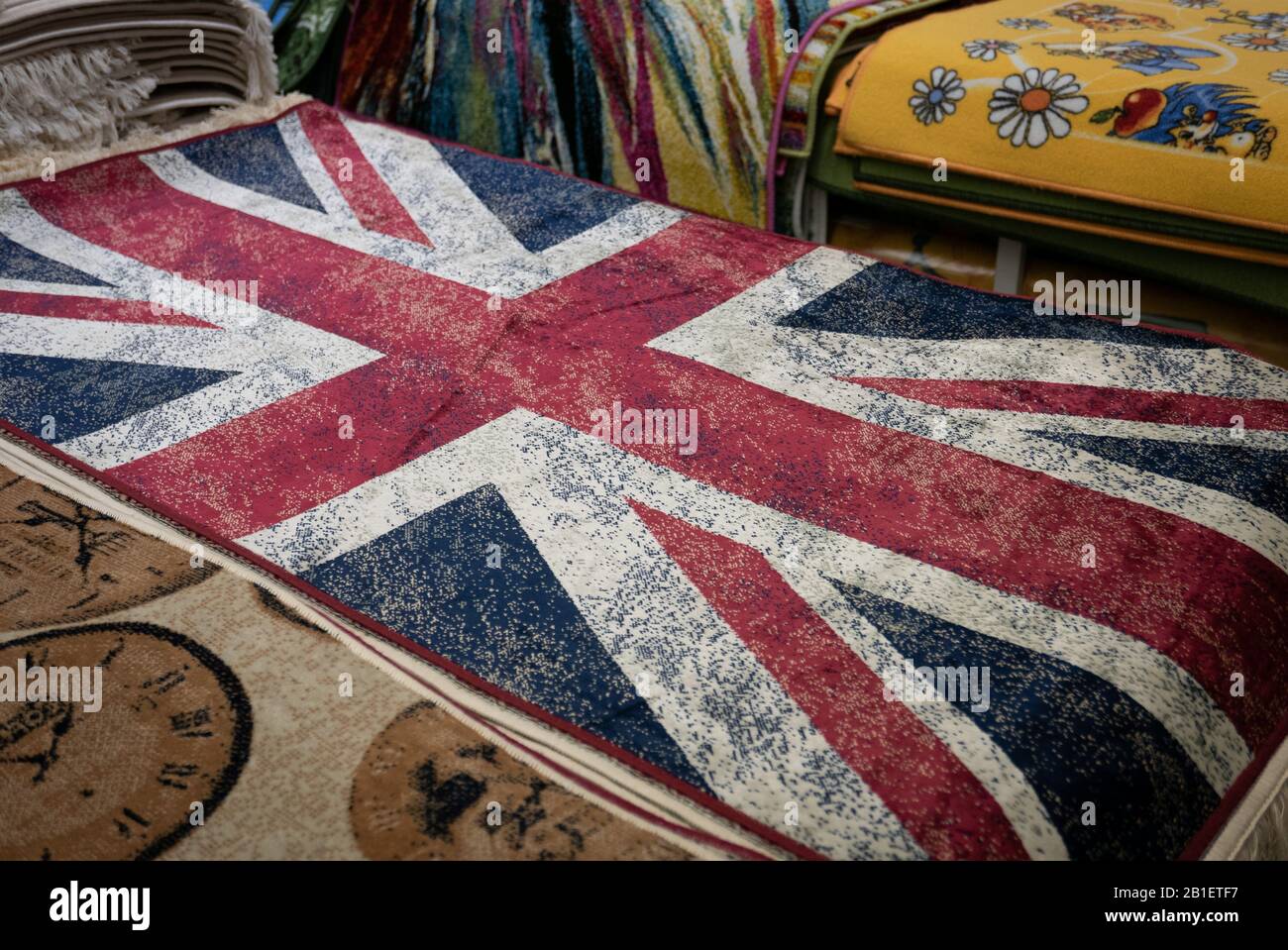 Britain flag carpet in a fabric shop Stock Photo - Alamy