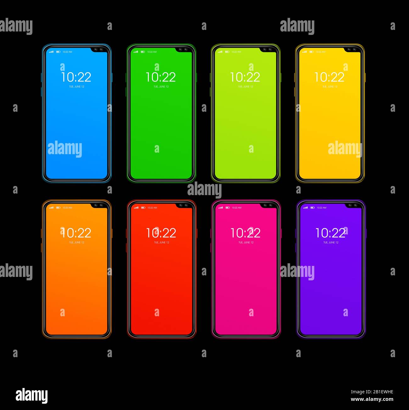 Rainbow colorful smartphone set isolated on black background. 3D render ...