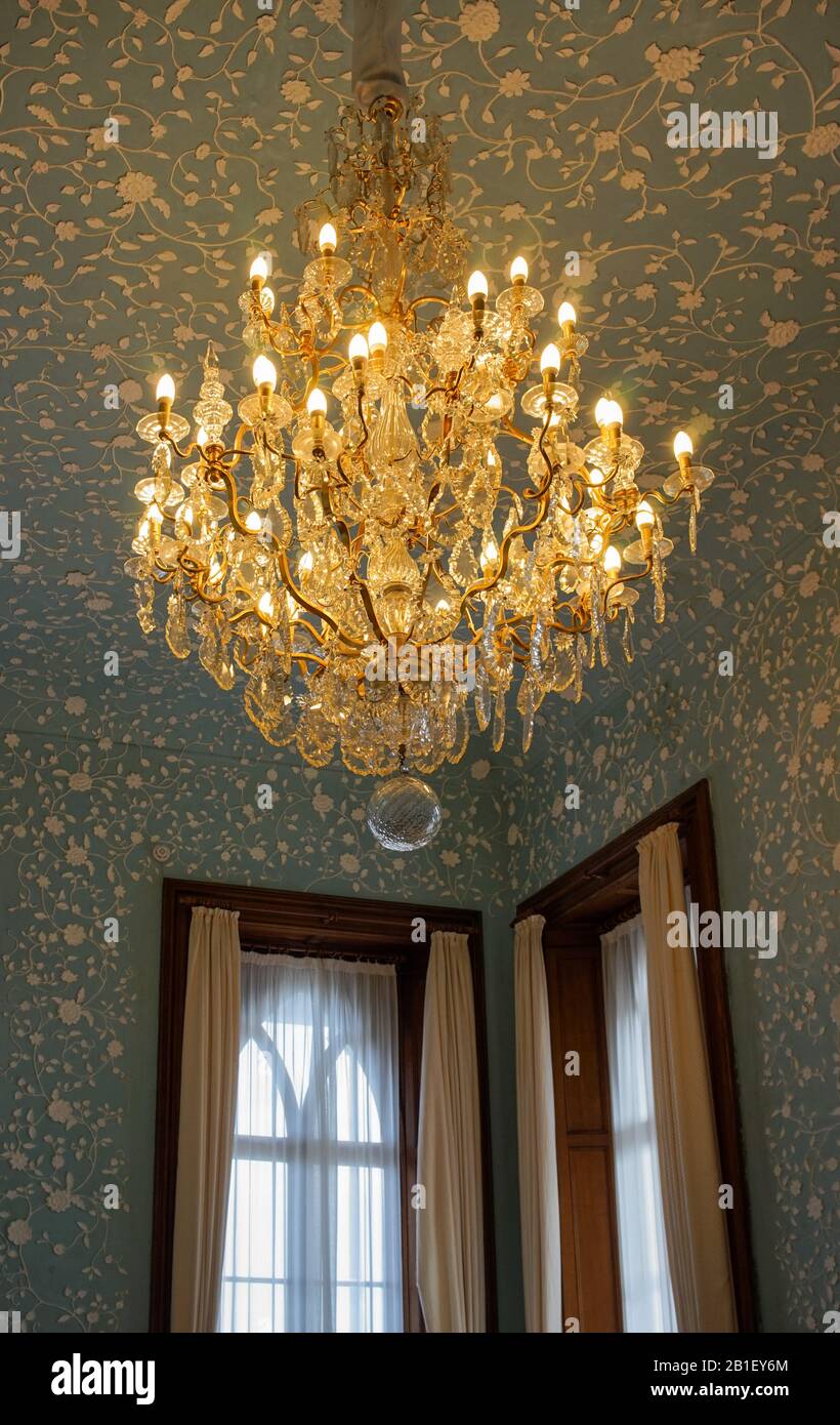 Yalta, Crimea-June 22, 2015: A magnificent crystal chandelier on the ...