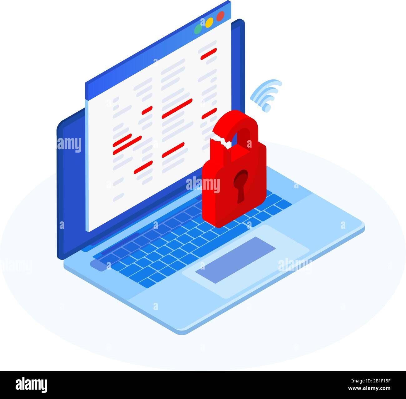 Cyberattack concept. Isometric computer with a red broken lock. Modern technologies of digital ...