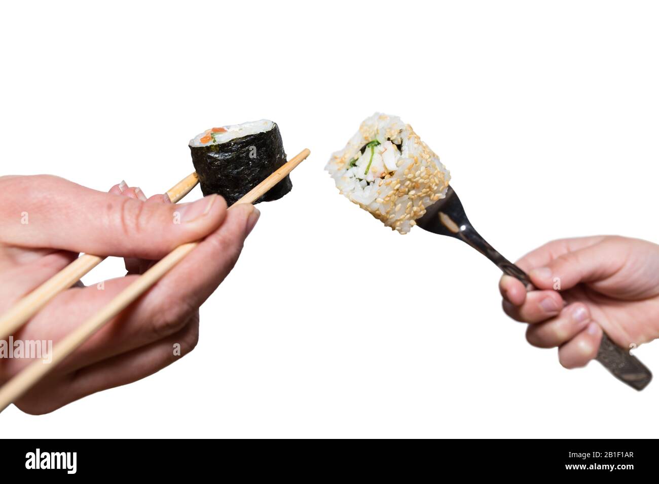 Chopsticks against fork picking sushi on a white background. Kids ...