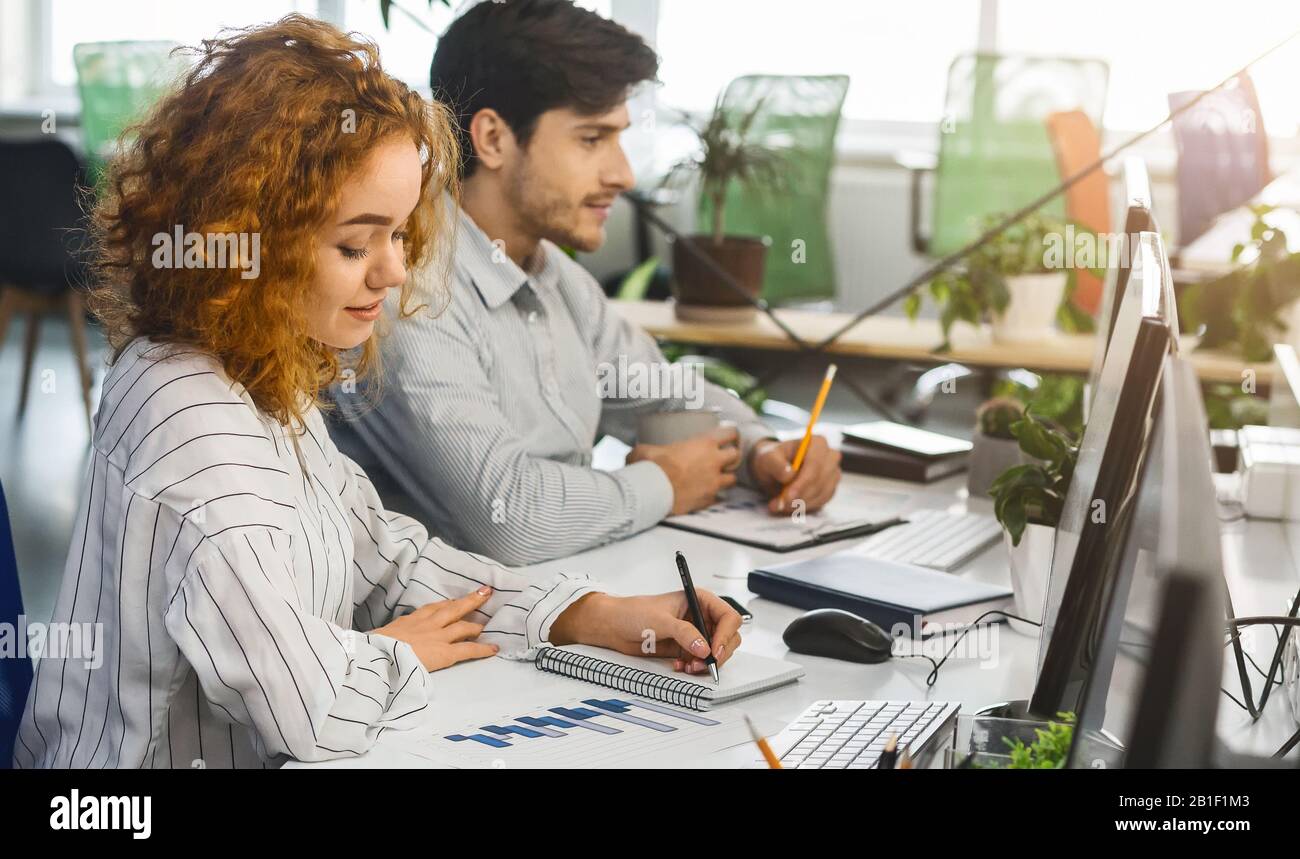 Man and woman working in front of computers in office Stock Photo - Alamy