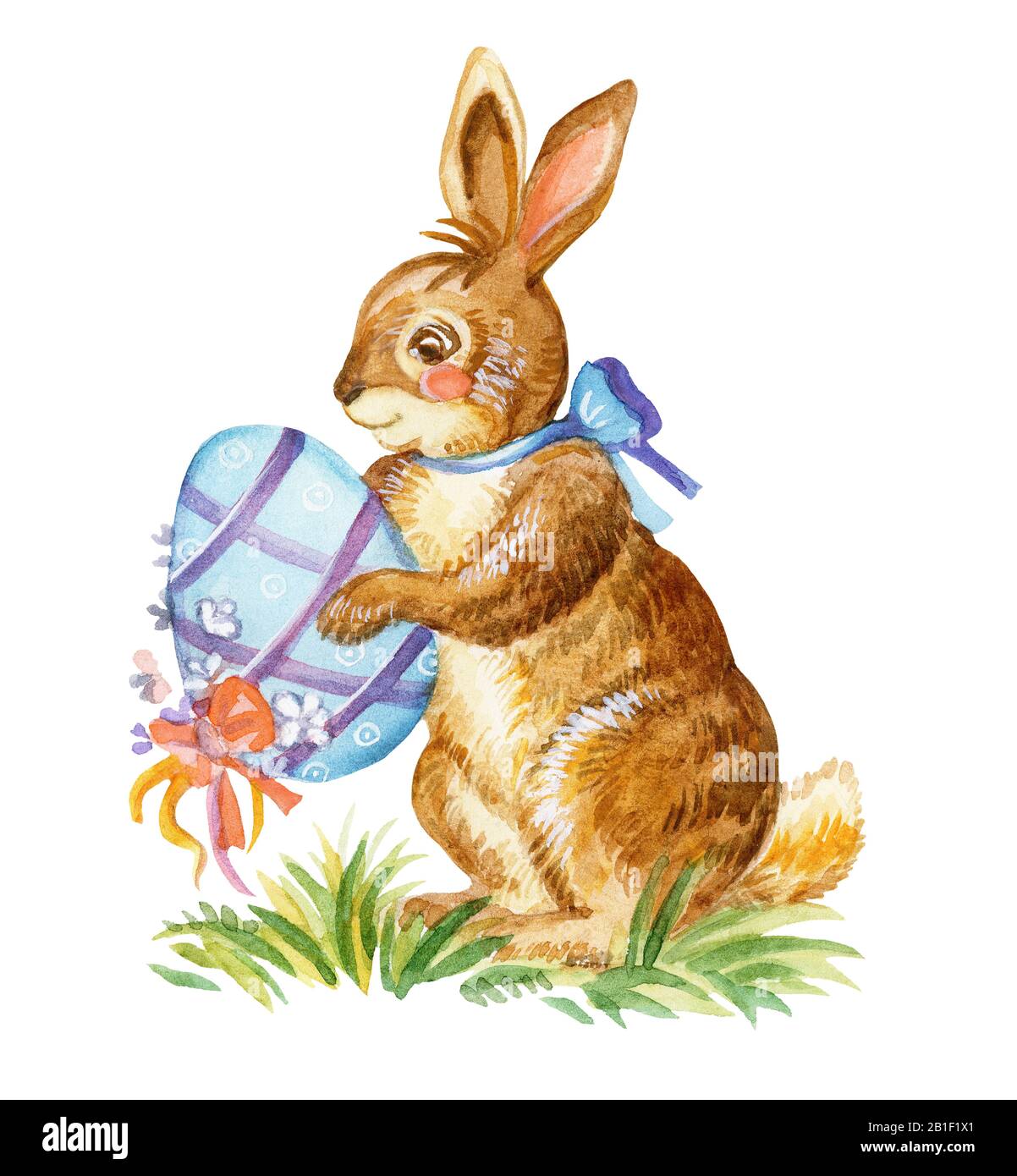 Watercolor illustration of a rabbit wearing easter egg, stock ...