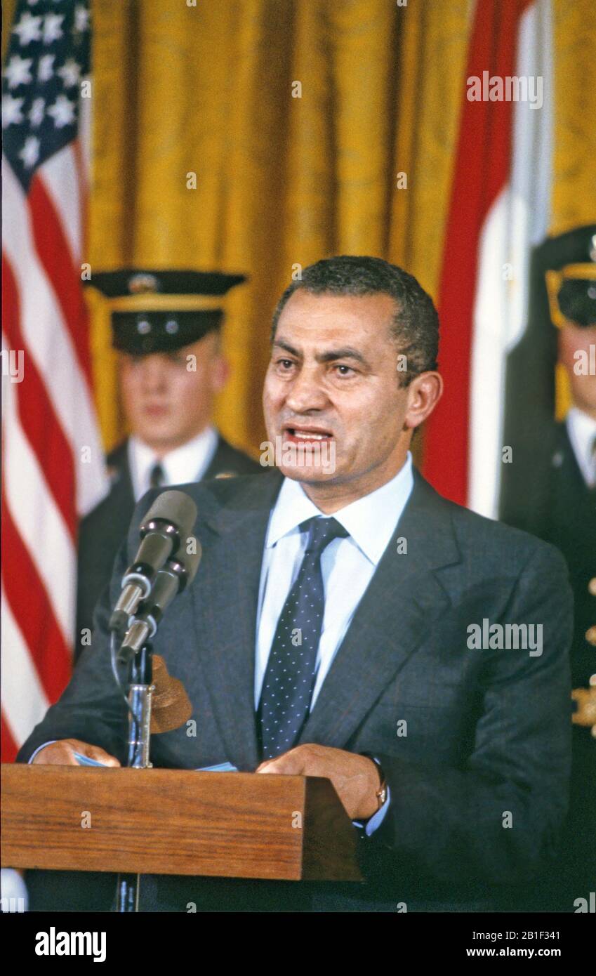 President Hosni Mubarak of Egypt makes remarks in the East Room of the ...