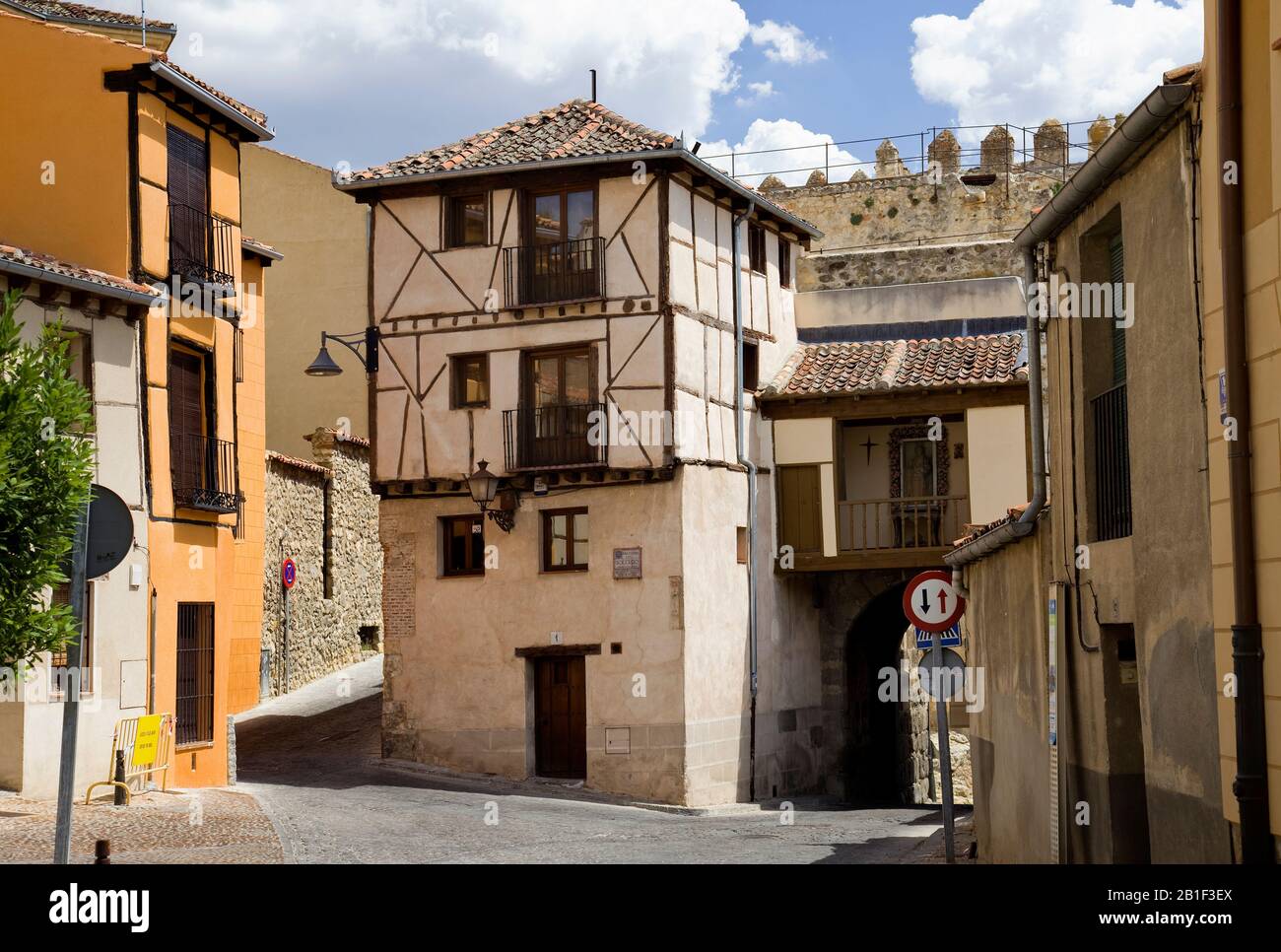 Street in the old town of Segovia.Traditional castillian archiecture ...