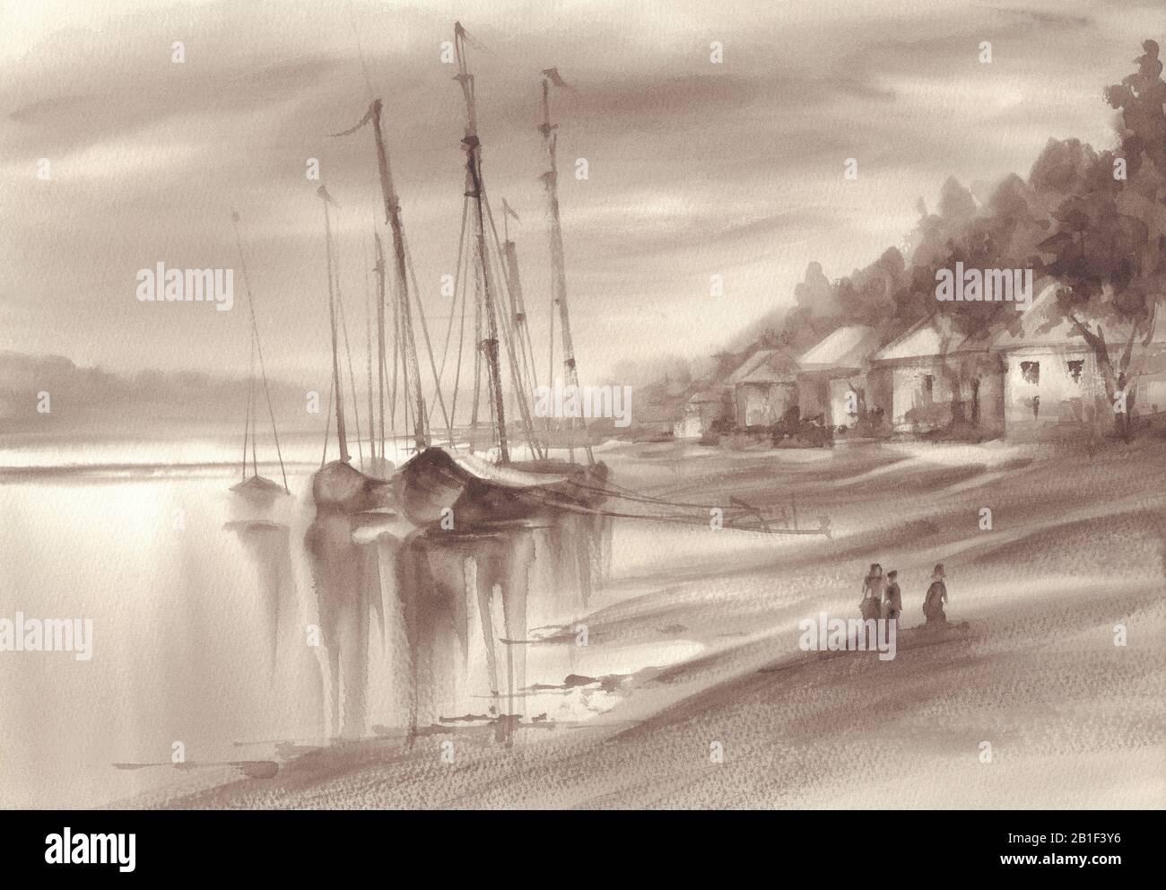 River landscape with ships in sepia watercolor background Stock Photo ...