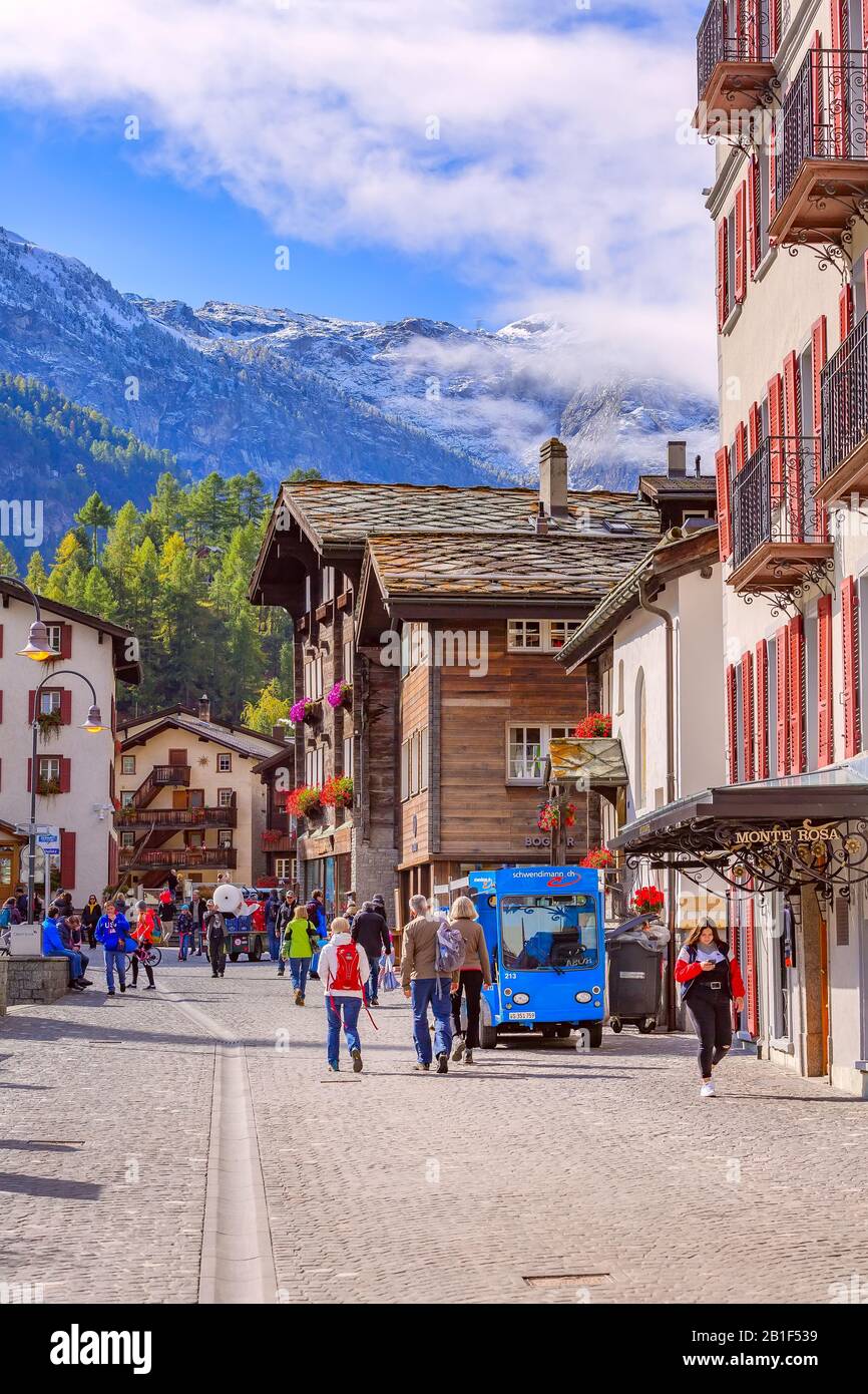 Zermatt, Switzerland - October 7, 2019: Town street view in famous ...