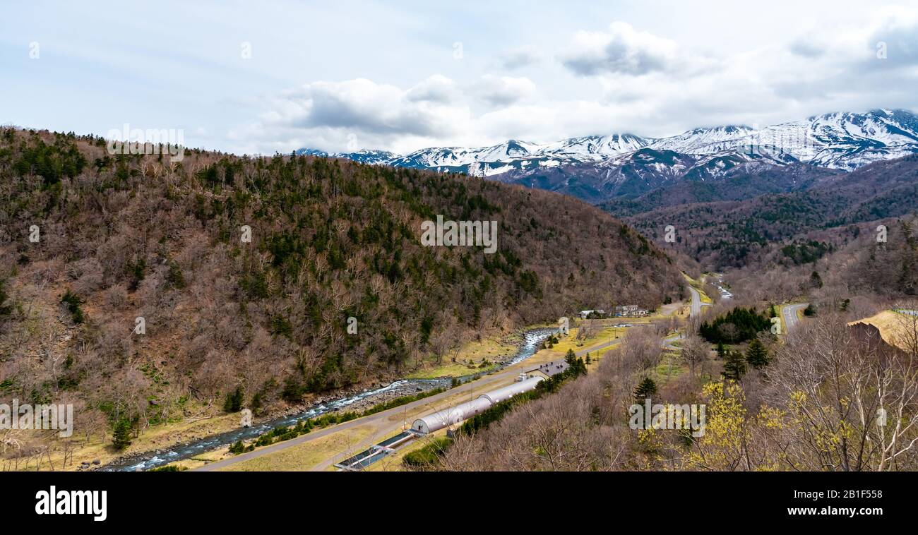 Iwaobetsu Onsen hot spring area on springtime. Town Shari, Shiretoko ...