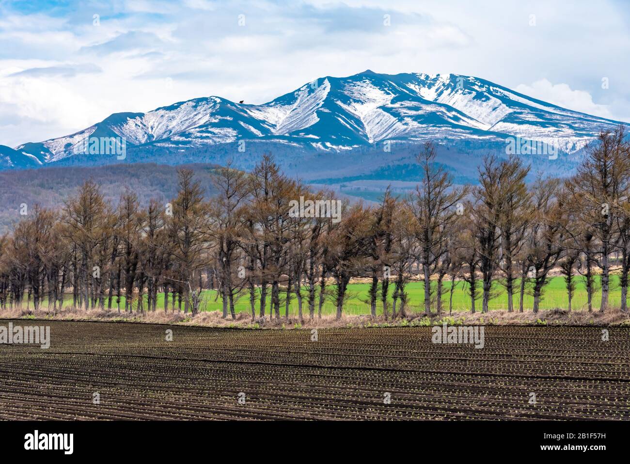 Rural landscapes. Rolling mountain range, farmland field and blue sky ...